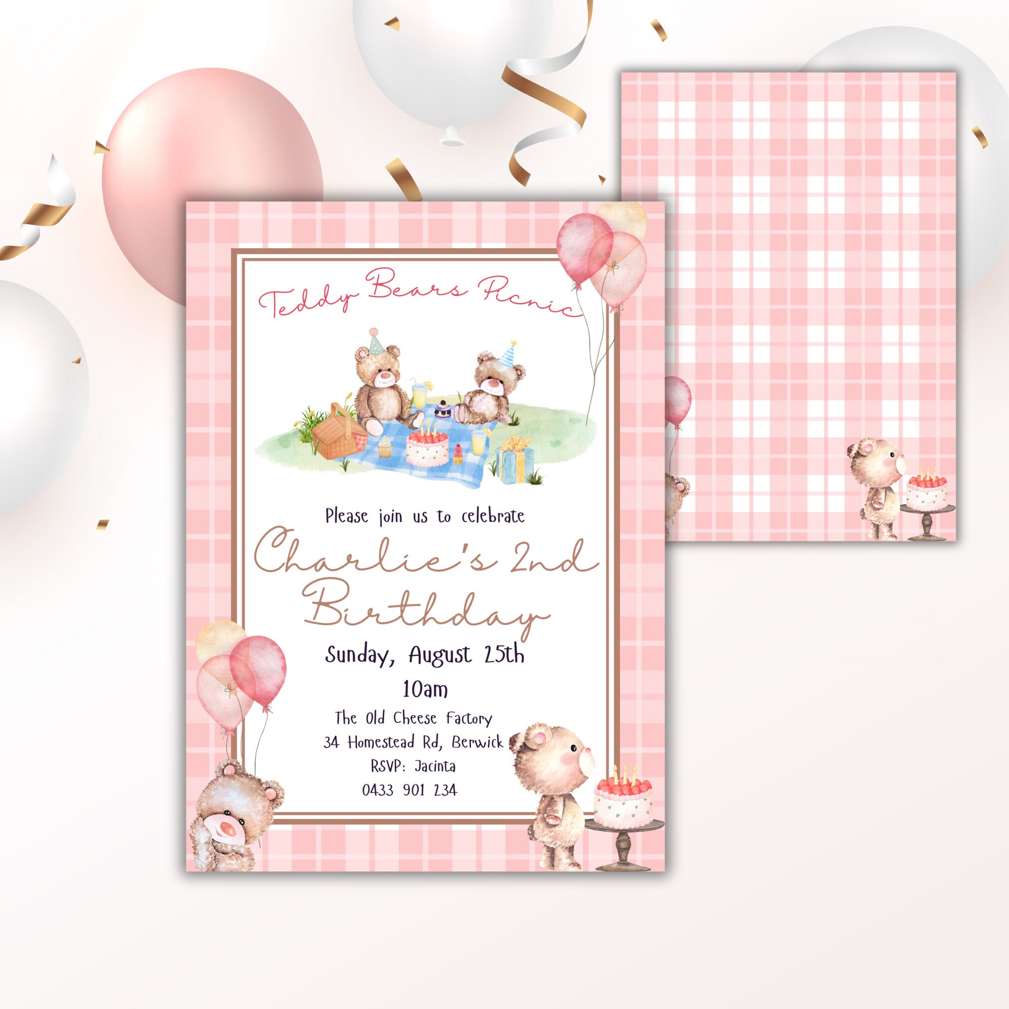 Teddy Bear Picnic Birthday Party Invitation Pink and White. Digital ...
