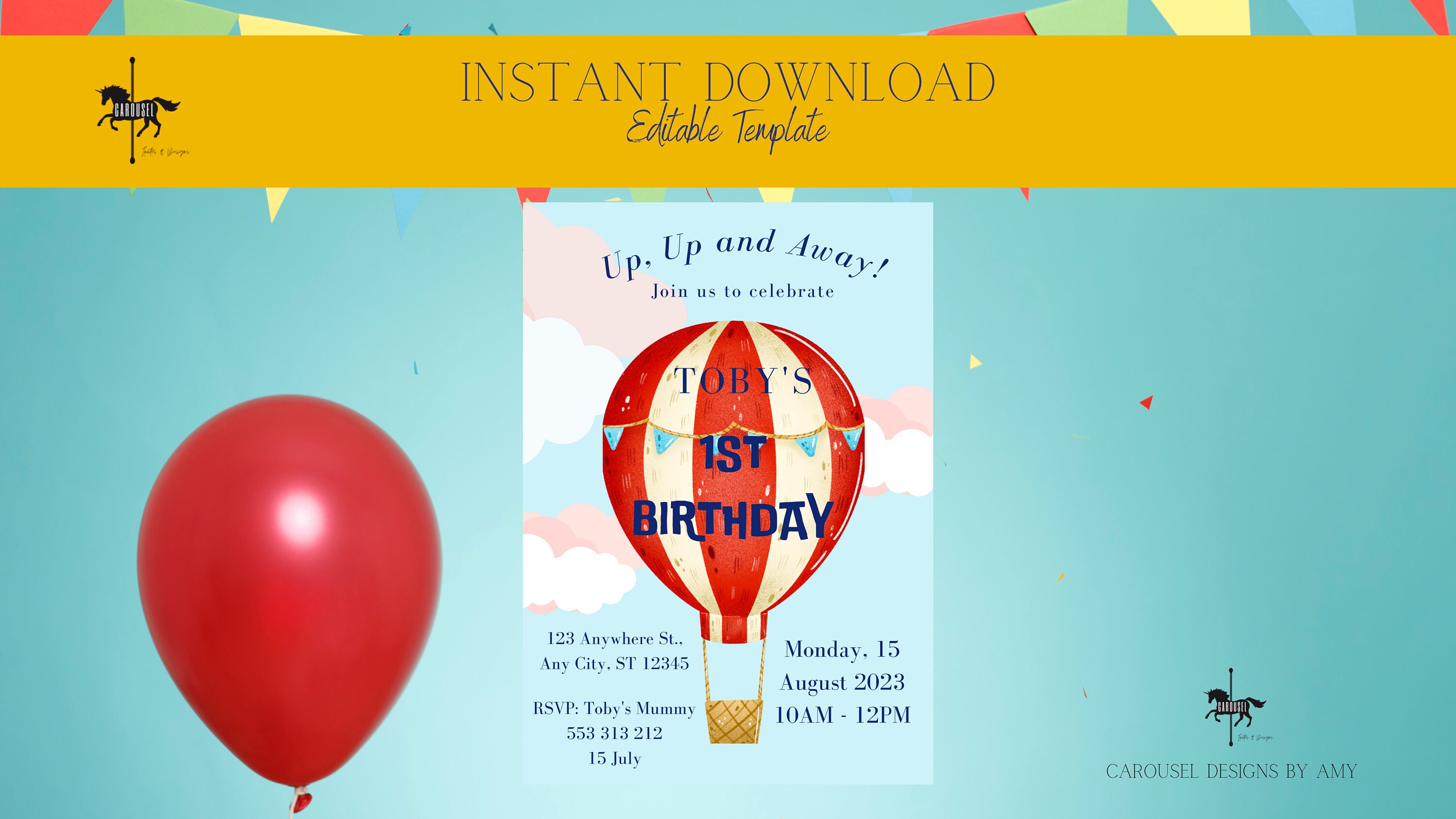 Red and White Hot Air Balloon Invitation Instant Download Editable - Etsy