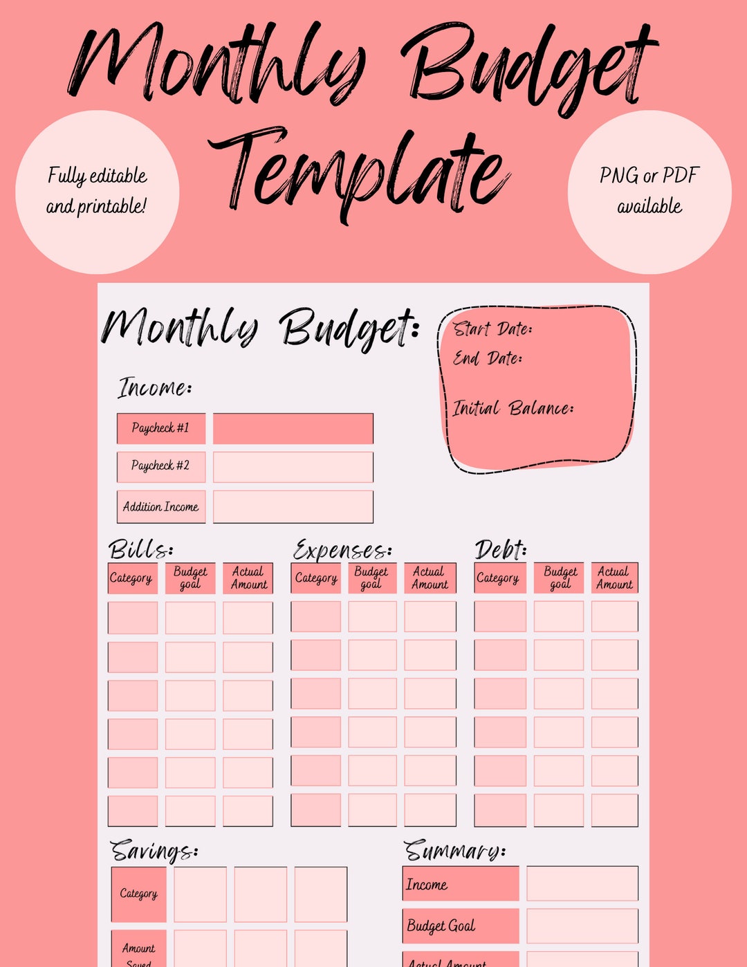 Fully Editable Monthly Budget Planner - Etsy UK