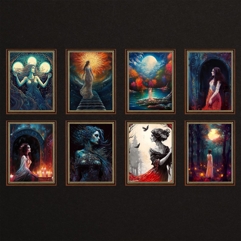 Printable Wall Art, Set of 8 Files, Bundle of Prints, 8 Goddesses, Darkness, Dark Pagan ...