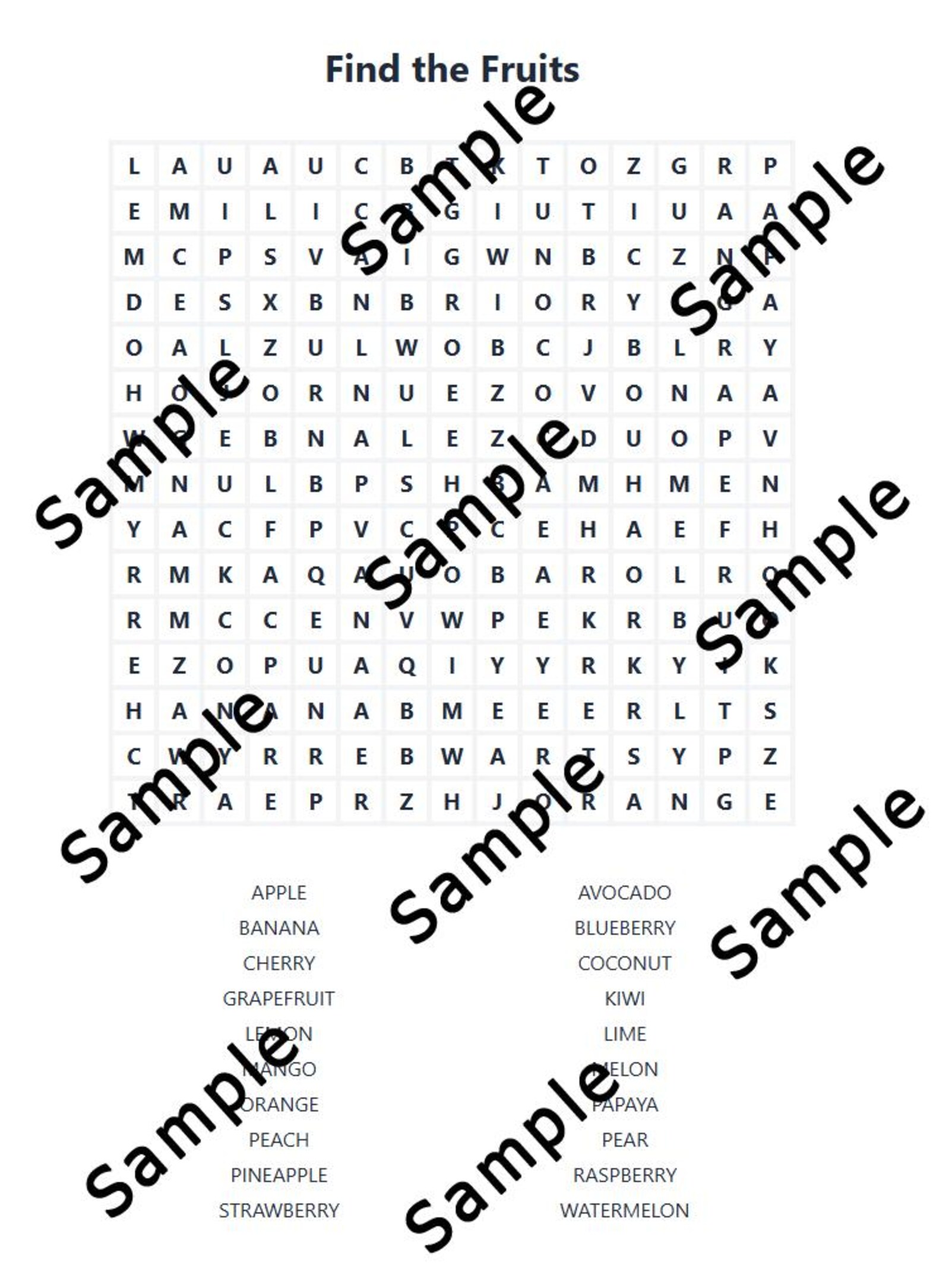 Fruit Word Search Puzzle Printable – 20 Fruits, 15x15 Grid, 10 Layouts ...