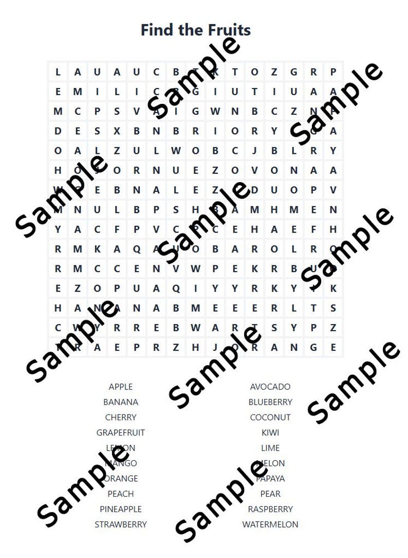 Fruit Word Search Puzzle Printable – 20 Fruits, 15x15 Grid, 10 Layouts ...