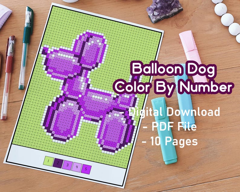 Pixel Balloon Dog Color by Numbers Coloring Pack | Pet Coloring Pages ...