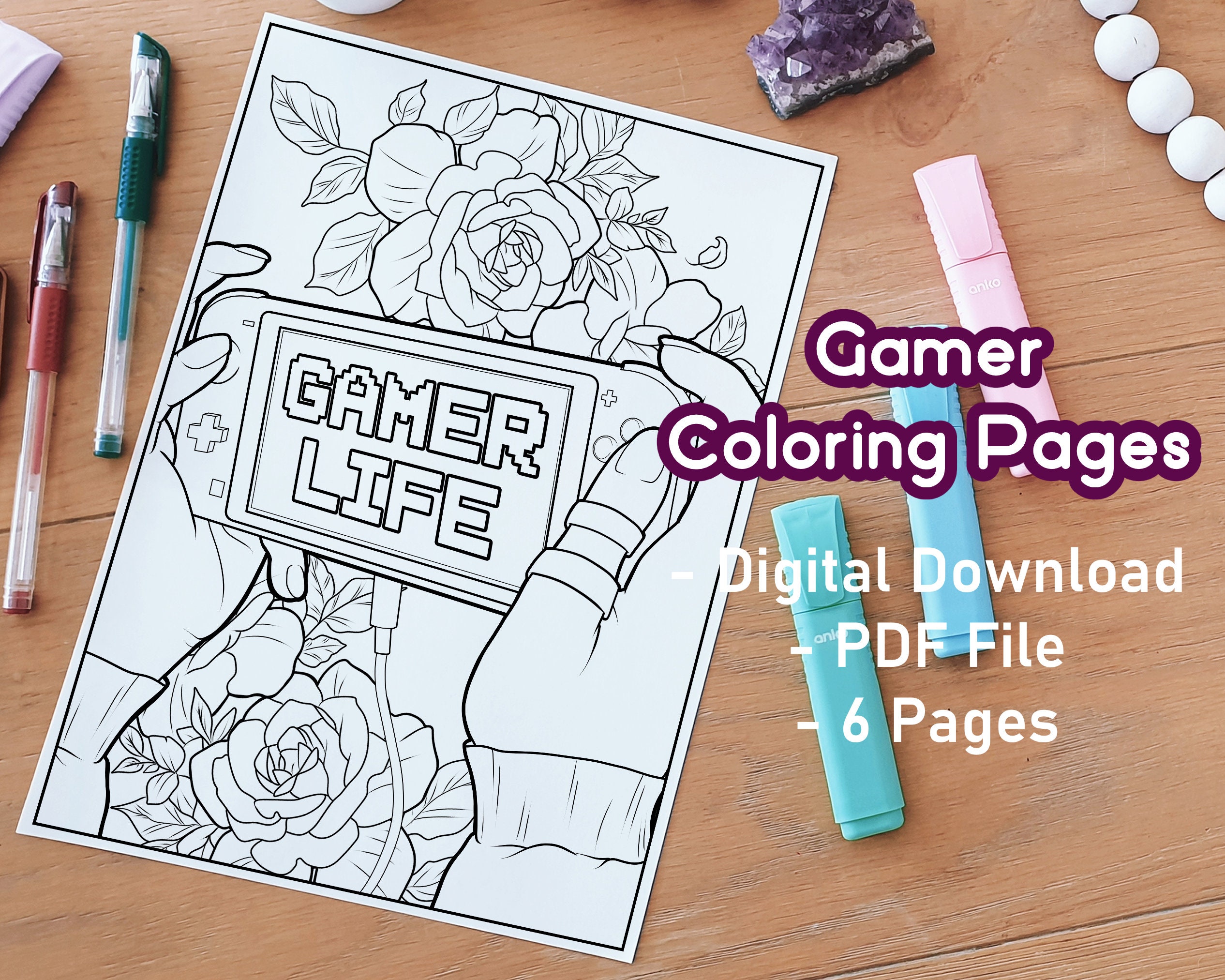 Gamer Coloring Pages Floral Cute Gaming Console Kawaii Adult Coloring ...
