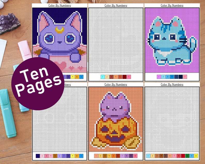 Pixel Cats Color by Numbers Coloring Pack | Pets Coloring Pages | Print ...