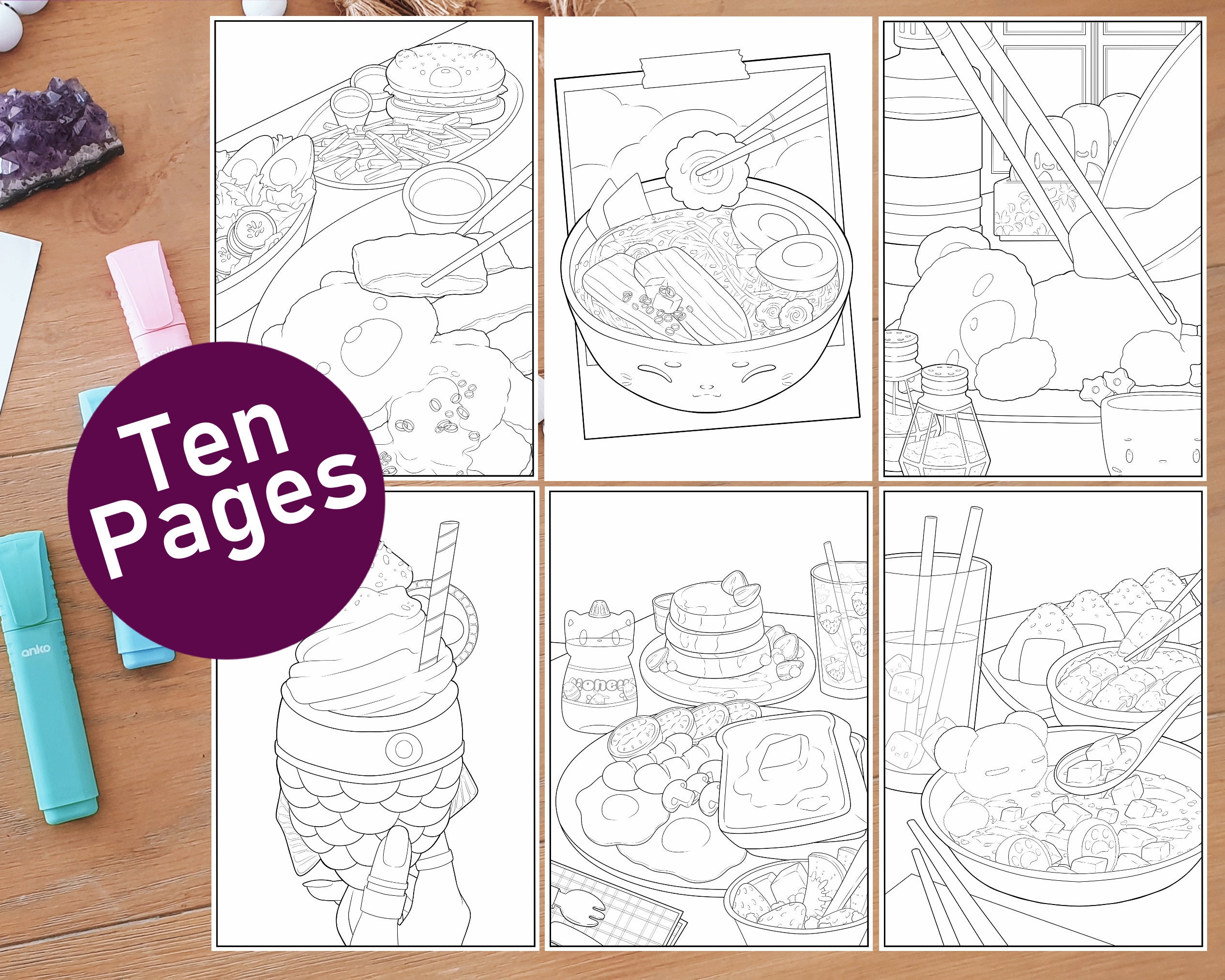 Kawaii Anime Food Coloring Pages: Relaxing Adult Coloring Pack (instant ...