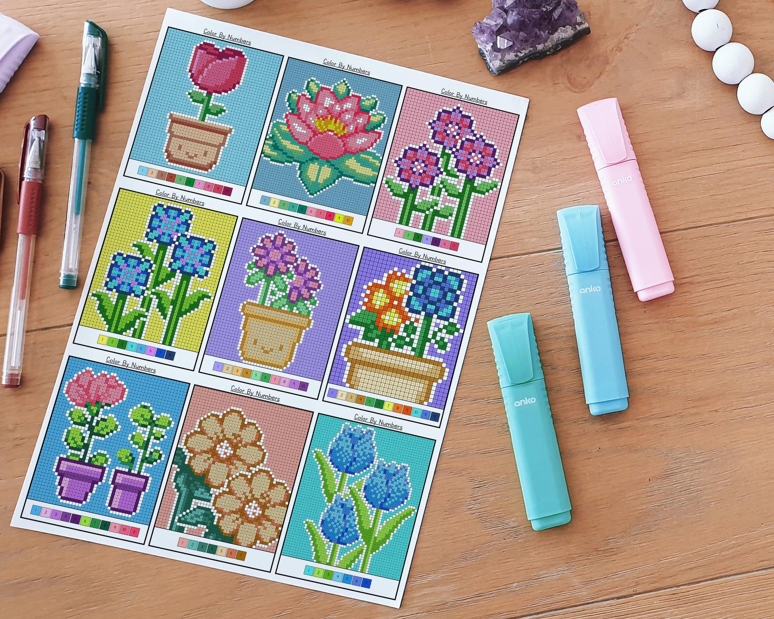 Pixel Flowers Color by Numbers Coloring Pack | Florals Coloring Pages ...