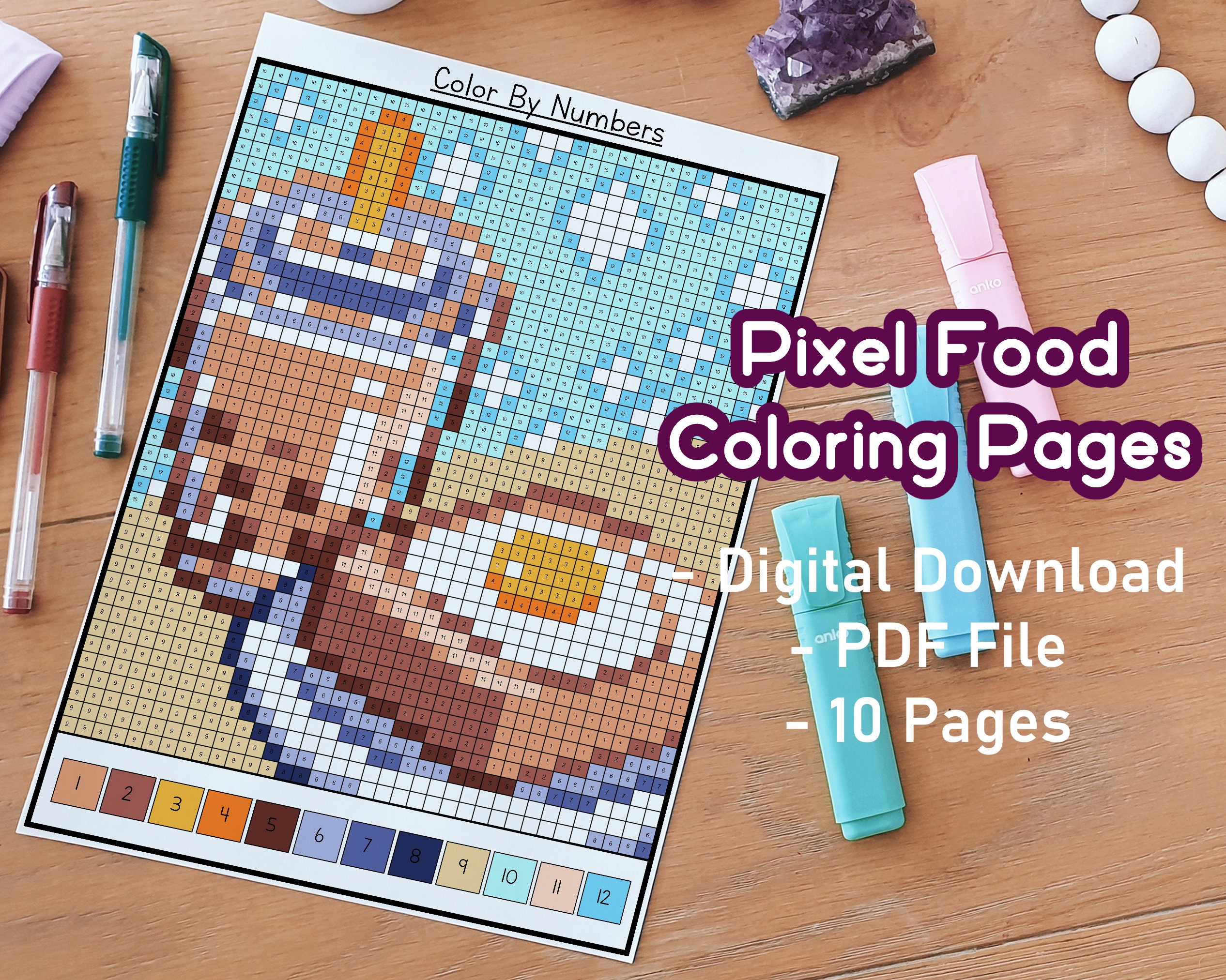 Pixel Food Color by Numbers | Cute Coloring Pages | Kawaii Food ...