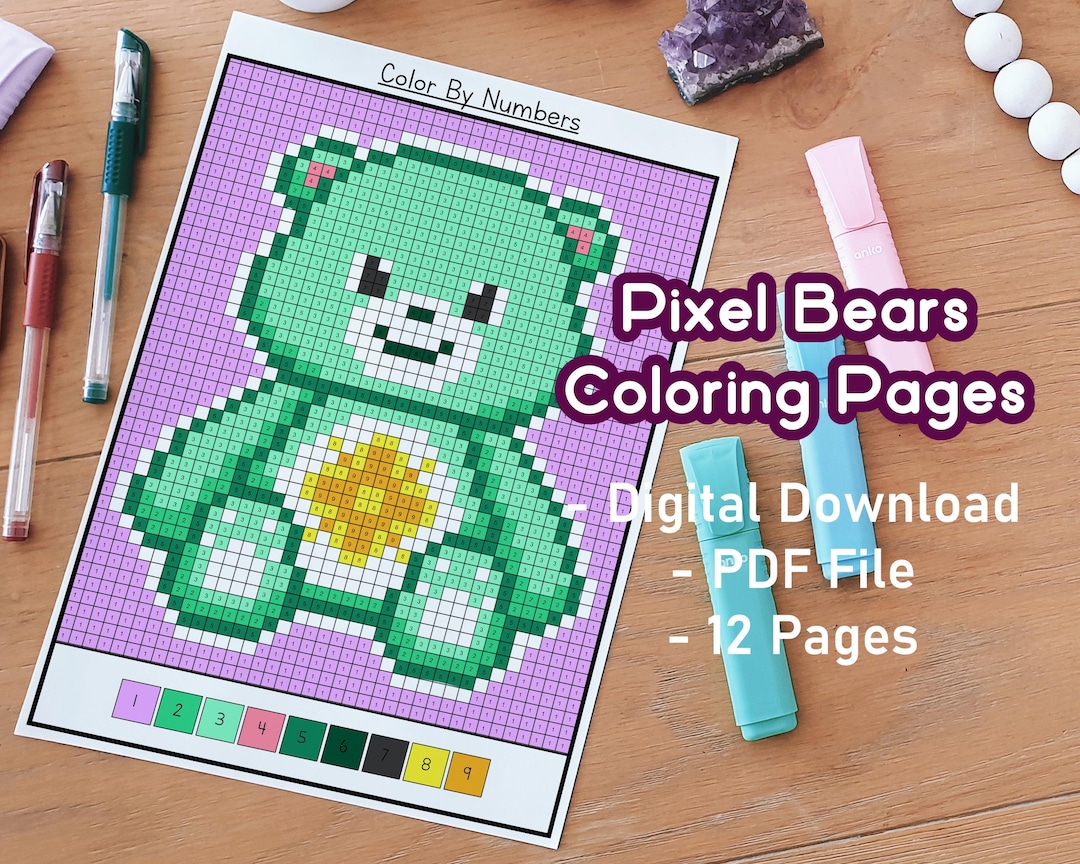 Pixel Bears Color by Numbers: 12 Printable Kawaii Coloring Pages (PDF ...