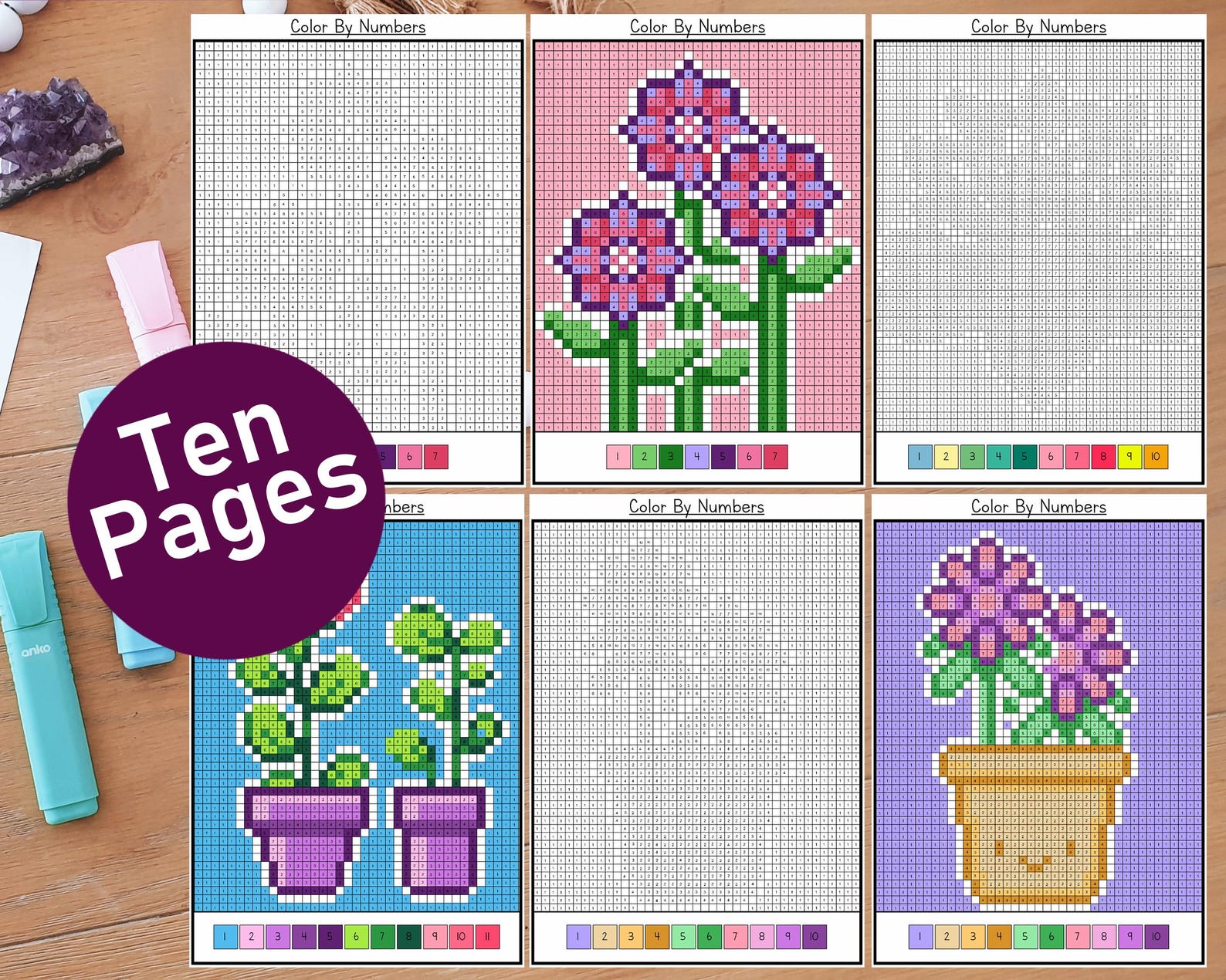 Pixel Flowers Color by Numbers Coloring Pack | Florals Coloring Pages ...