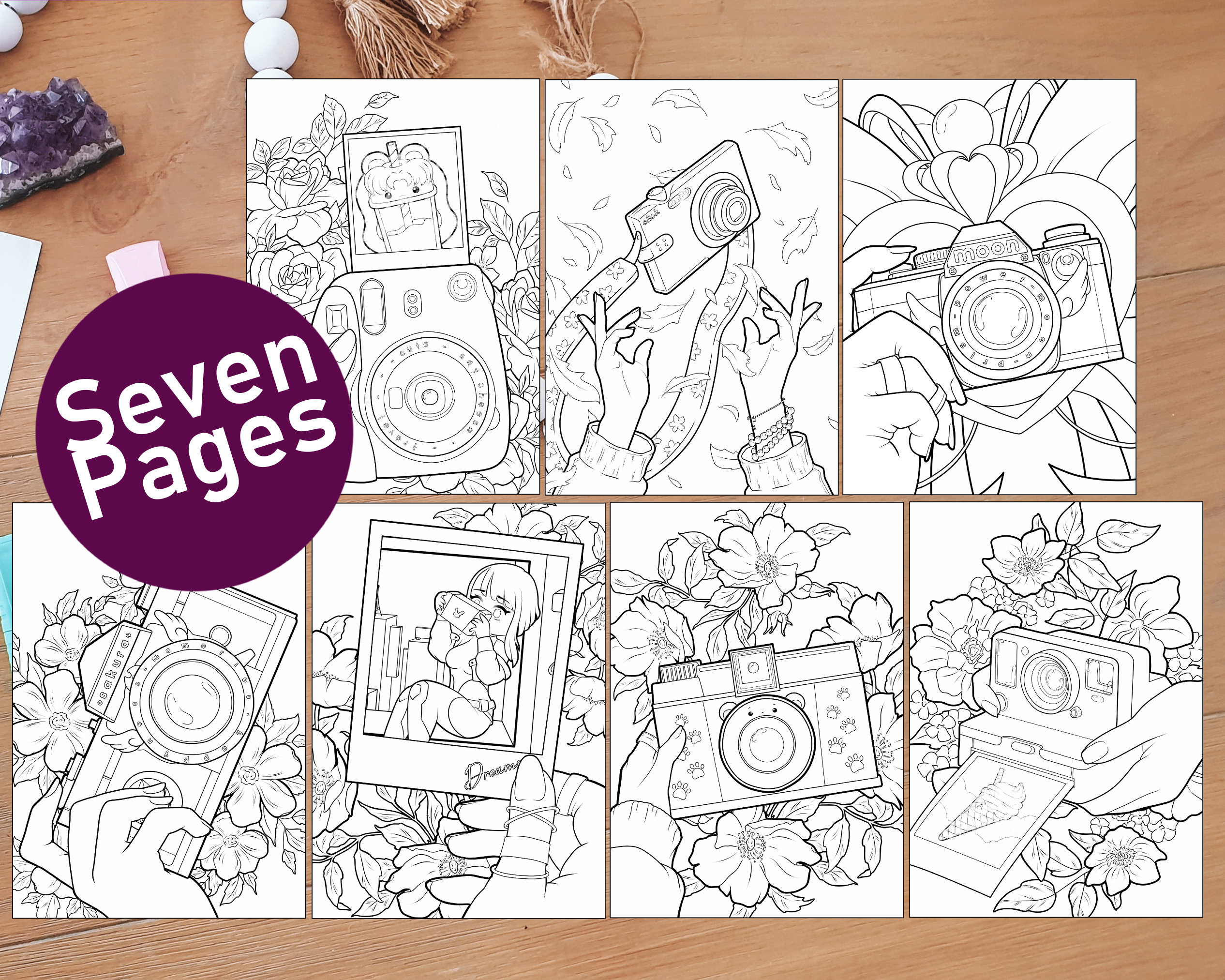 Kawaii Cameras Coloring Pages | Cute | Printable| Floral | Digital ...