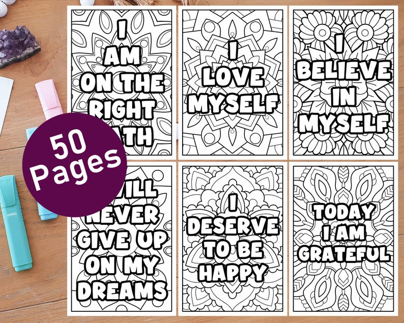 Positive Affirmations Coloring Pages: Mandala Designs (PDF) - Etsy ...