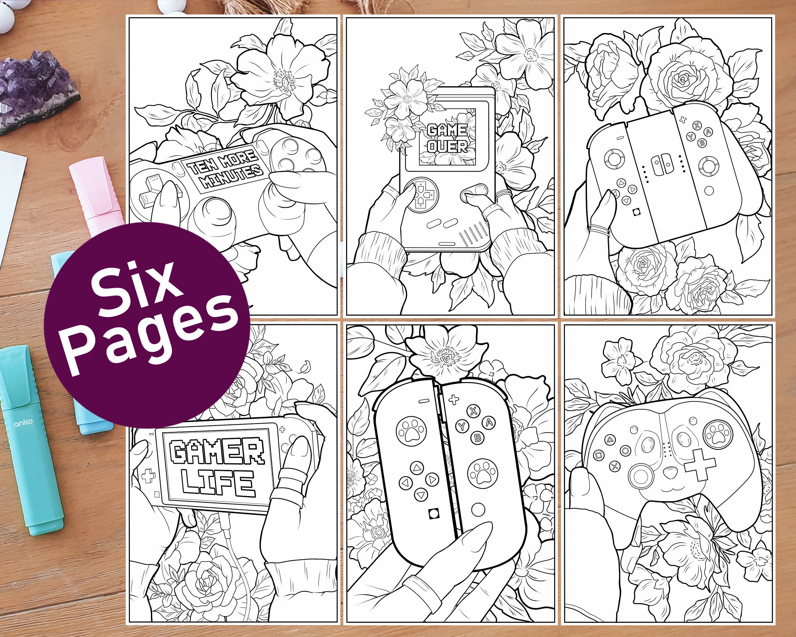 Gamer Coloring Pages Floral Cute Gaming Console Kawaii Adult Coloring ...