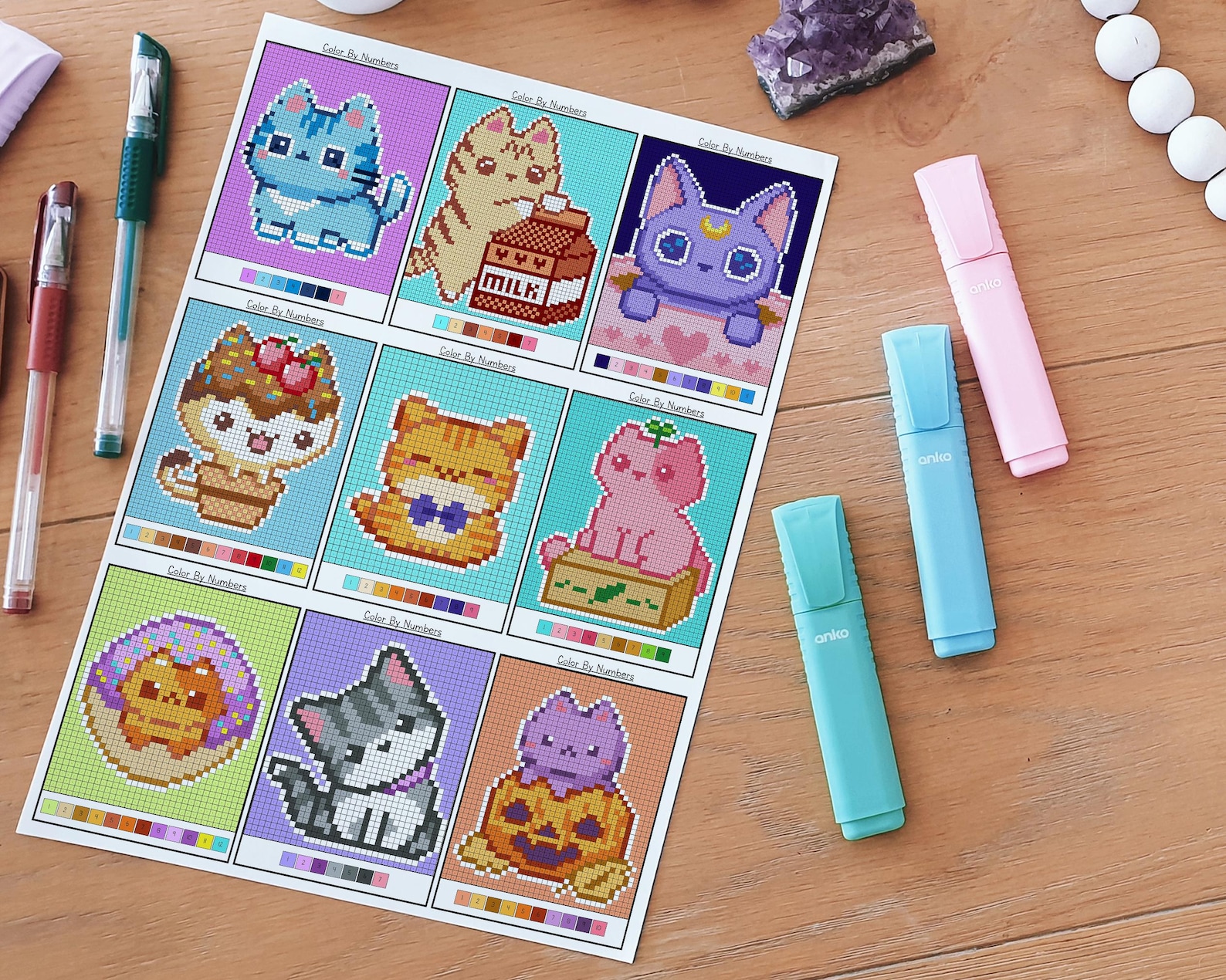 Pixel Cats Color by Numbers Coloring Pack | Pets Coloring Pages | Print ...