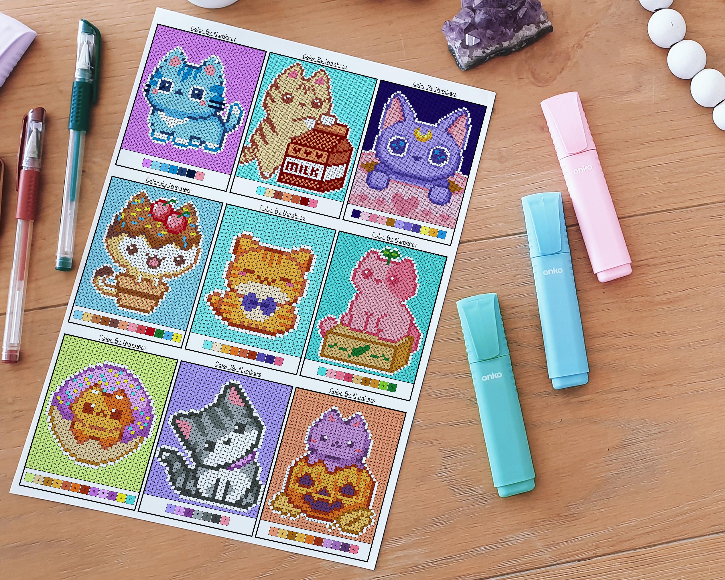 Pixel Cats Color by Numbers Coloring Pack | Pets Coloring Pages | Print ...