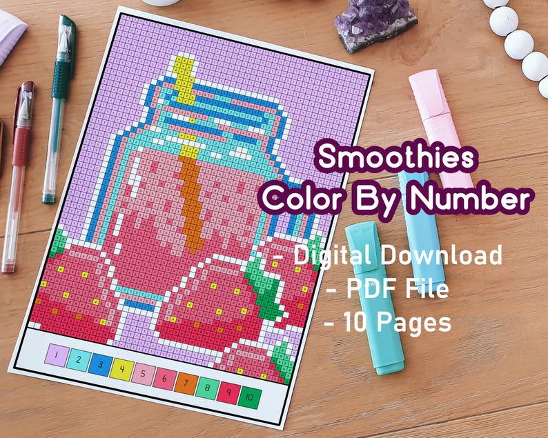 Pixel Smoothies Color by Number: Kawaii Food Coloring Pages (PDF) - Etsy