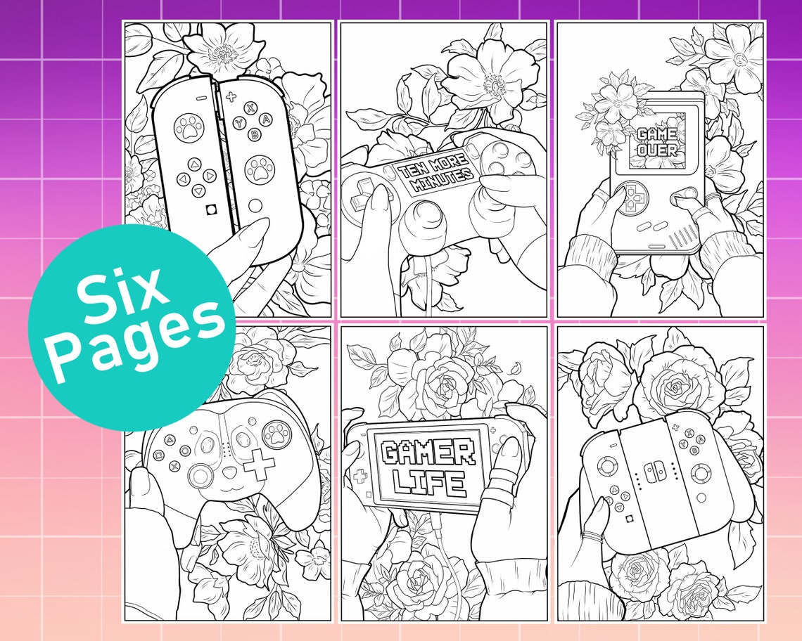 Gamer Coloring Pages Floral Cute Gaming Console Kawaii Adult Coloring ...