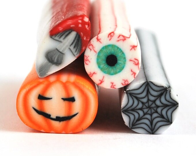 Set of 4 Halloween Small Polymer Clay Cane, Pumpkin Cane, Mushroom Cane ...