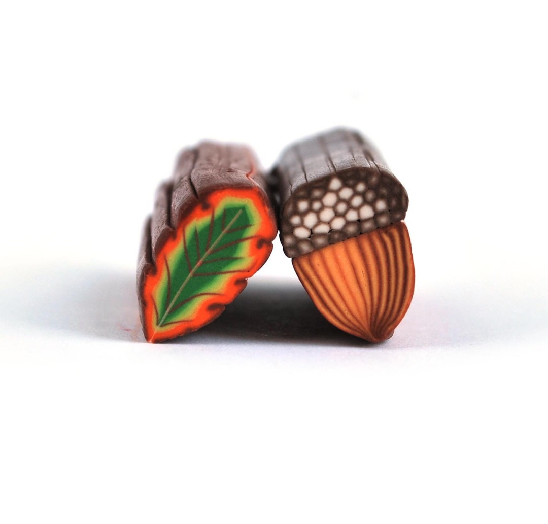 Set of 2 Acorn and Oak Leaf Polymer Clay Canes, Autumn Cane, Green Leaf ...