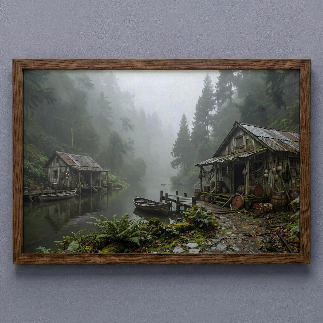 Misty River Cabin Wall Art, Rustic Fishing Shack Boathouse Landscape ...