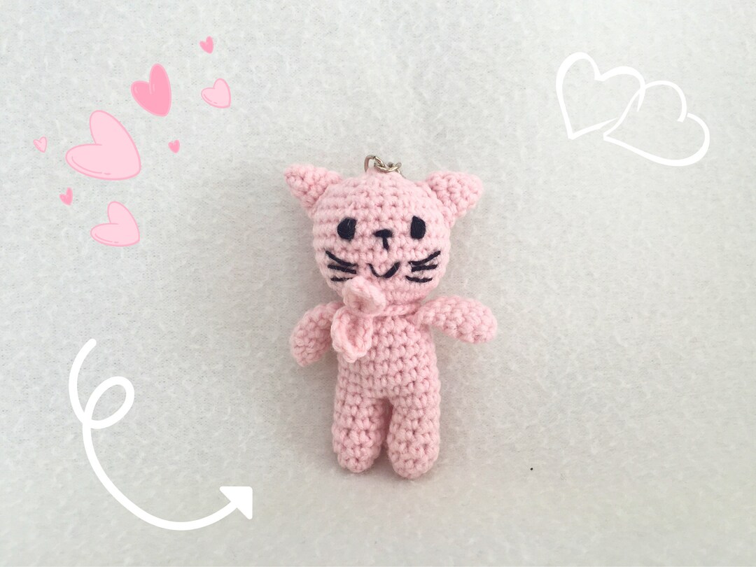 Amigurumi Cat Keychain, Handmade Crochet Pink Cat Keychain, Tiny Pink ...