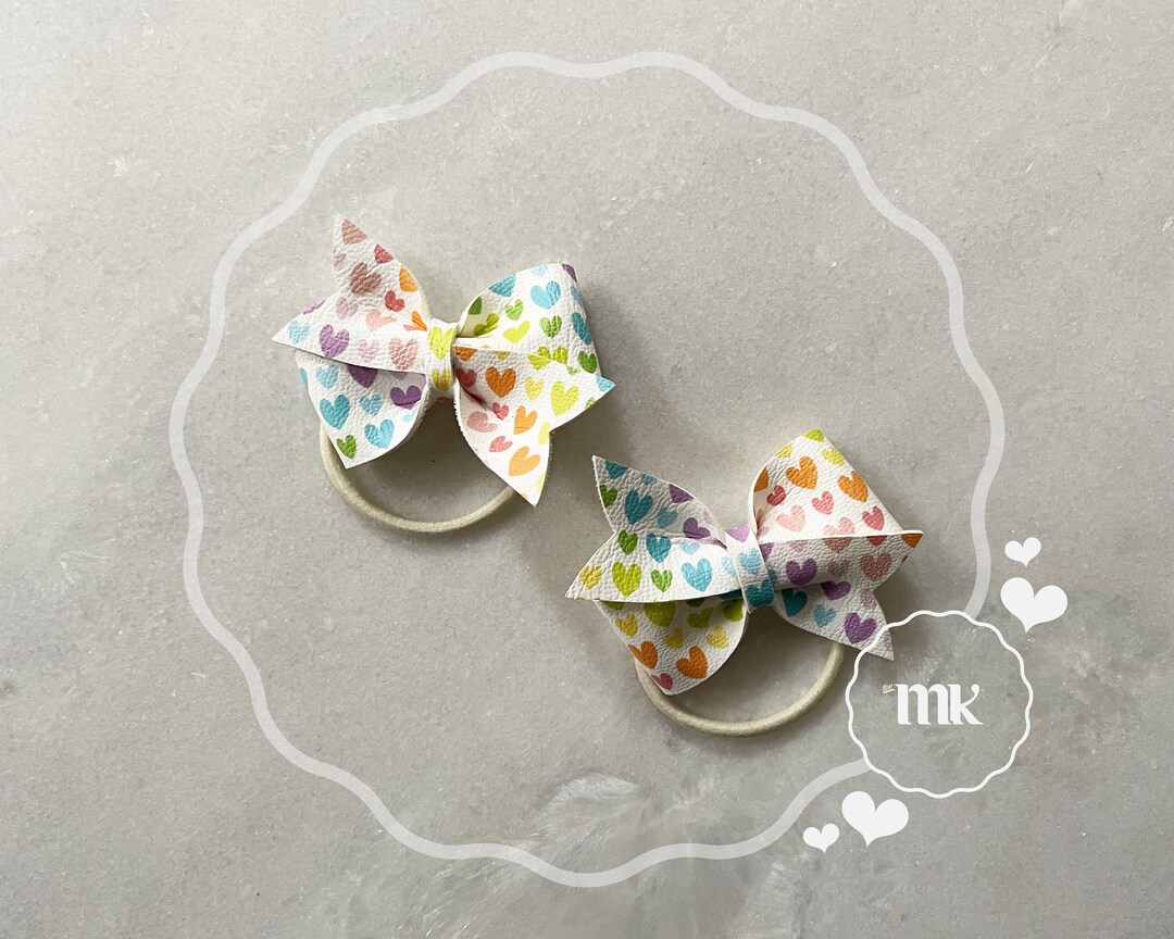 Rainbow Lovehearts Bow Bobbles, Hair Bobbles, Mini Faux Leather Bow ...