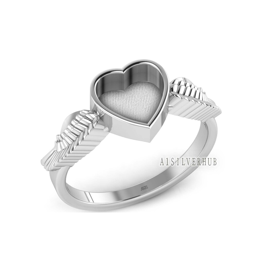 925 Sterling Solid Silver 8x8mm Heart Blank Bezel With Angel Wings Ring ...