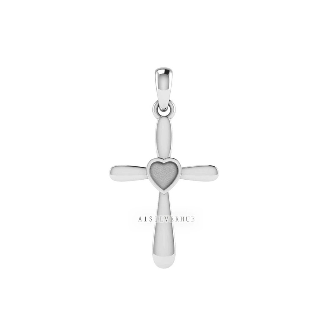 925 Sterling Solid Silver Cross Design Heart Blank Bezel Pendant ...
