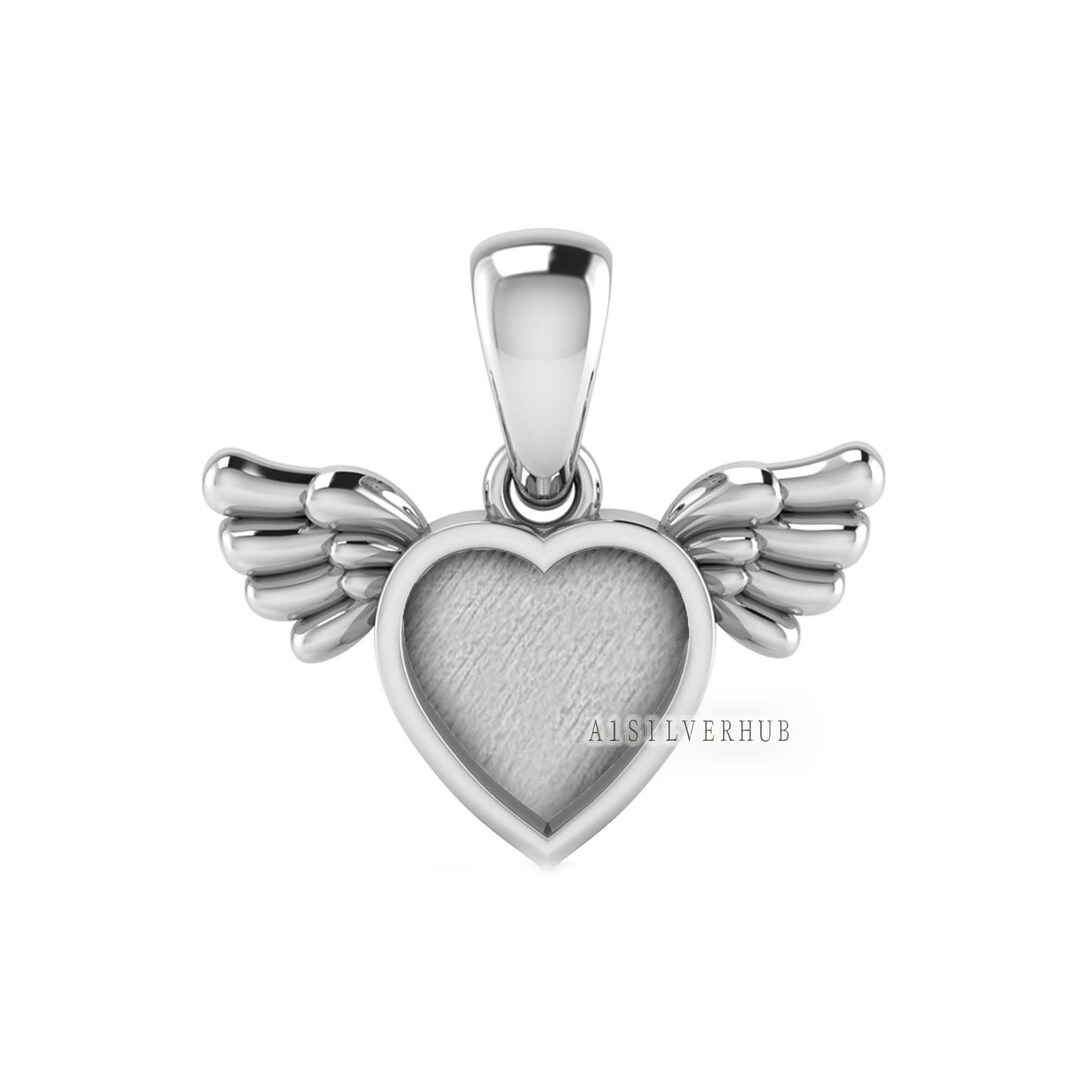 Angel Wings With Heart Shape Blank Bezel Pendant Setting, 925 Sterling ...