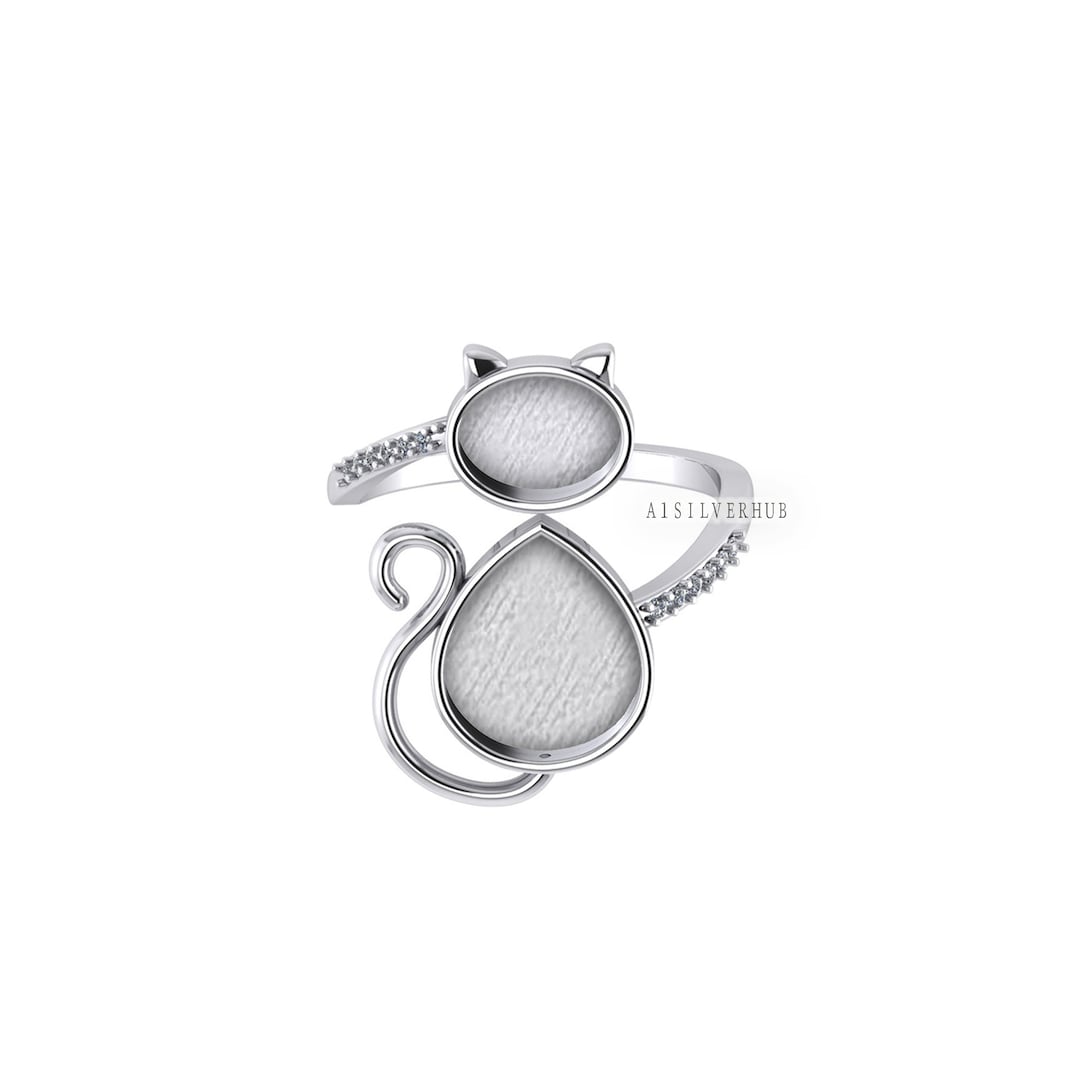 Cat Shape Blank Bezel Adjustable Ring Setting With CZ, 925 Sterling ...