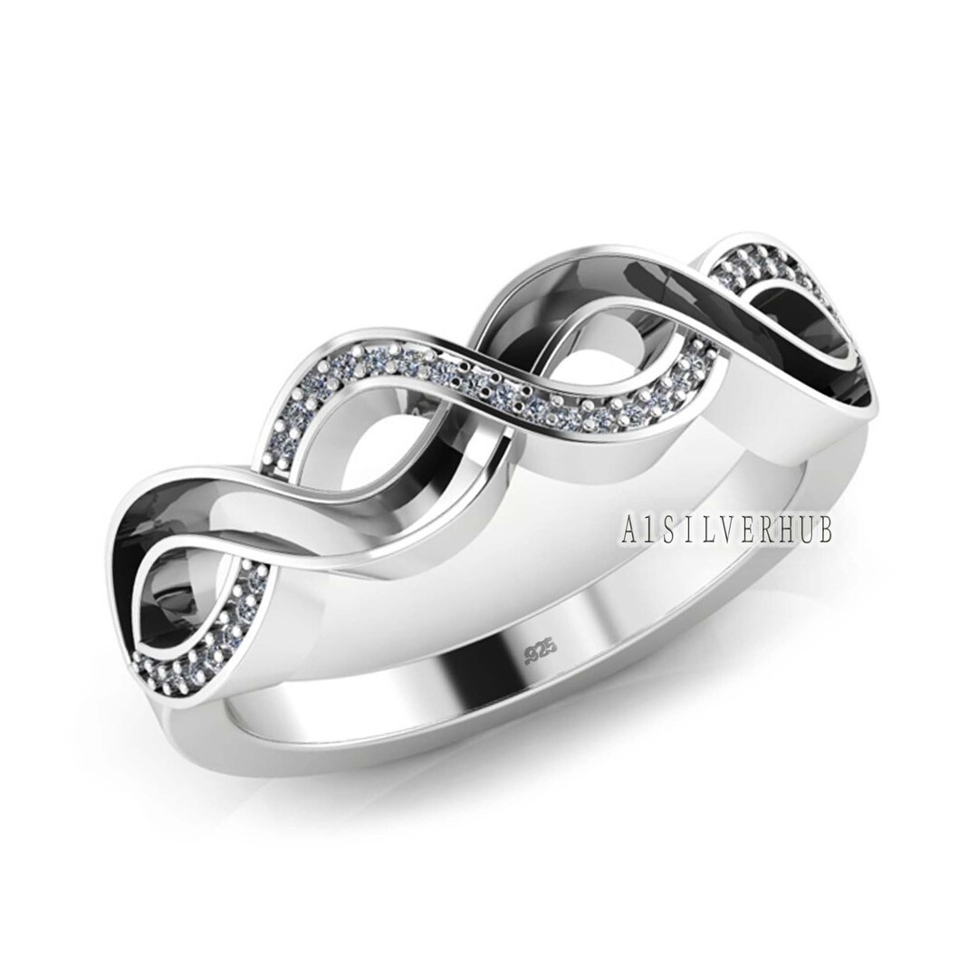 925 Sterling Silver Infinity Twist Ring, Blank Channel, Zircon Inlay ...