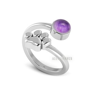 925 Sterling Solid Silver Dog Paw 6mm Round Purple Amethyst Adjustable ...
