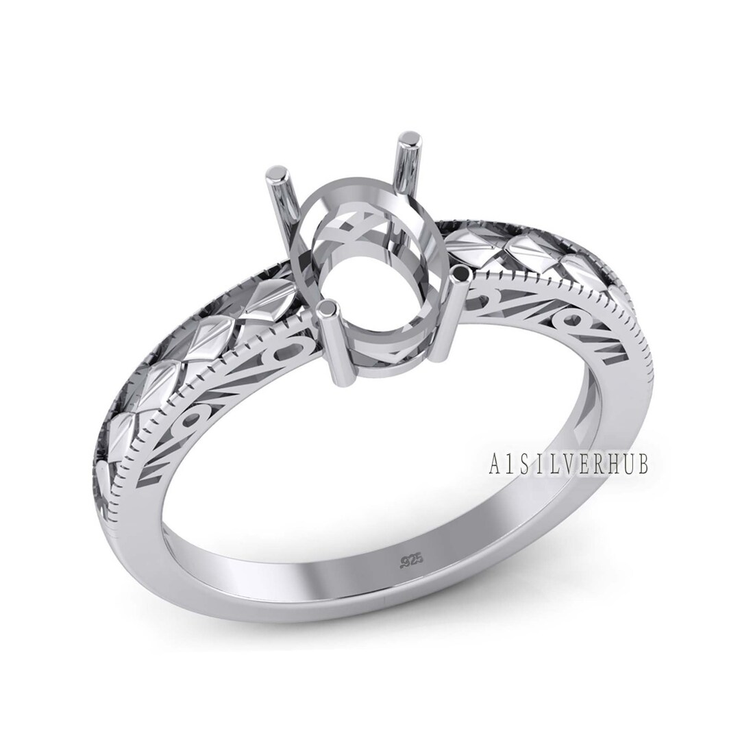 925 Sterling Solid Silver Oval 6x8mm Filigree Pre Notched Blank Prong ...
