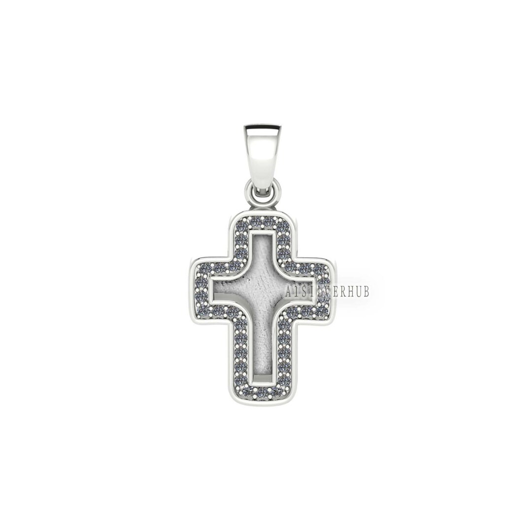 925 Sterling Solid Silver Blank Bezel Cross Pendant With Zircon Setted ...