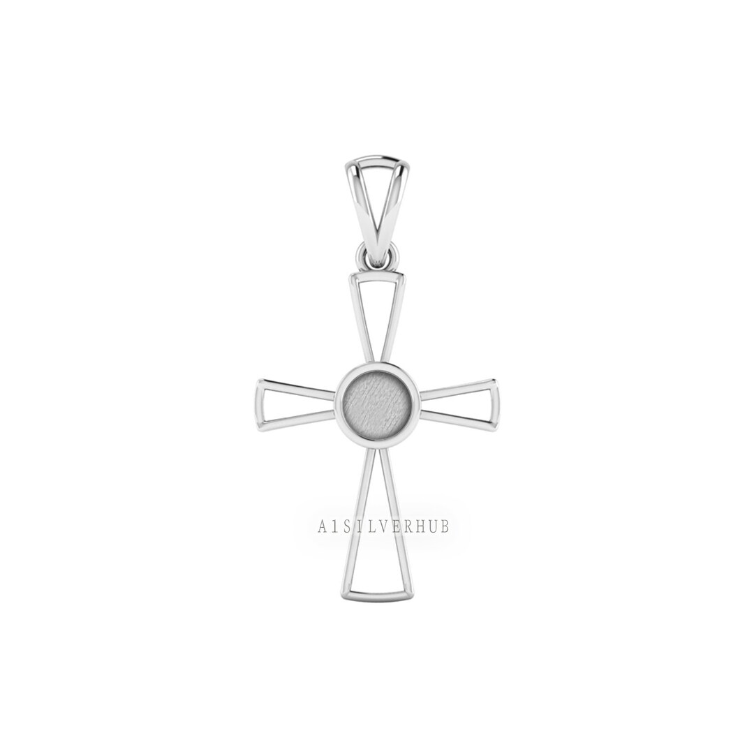 925 Sterling Solid Silver Cross Design Round Blank Bezel Pendant ...