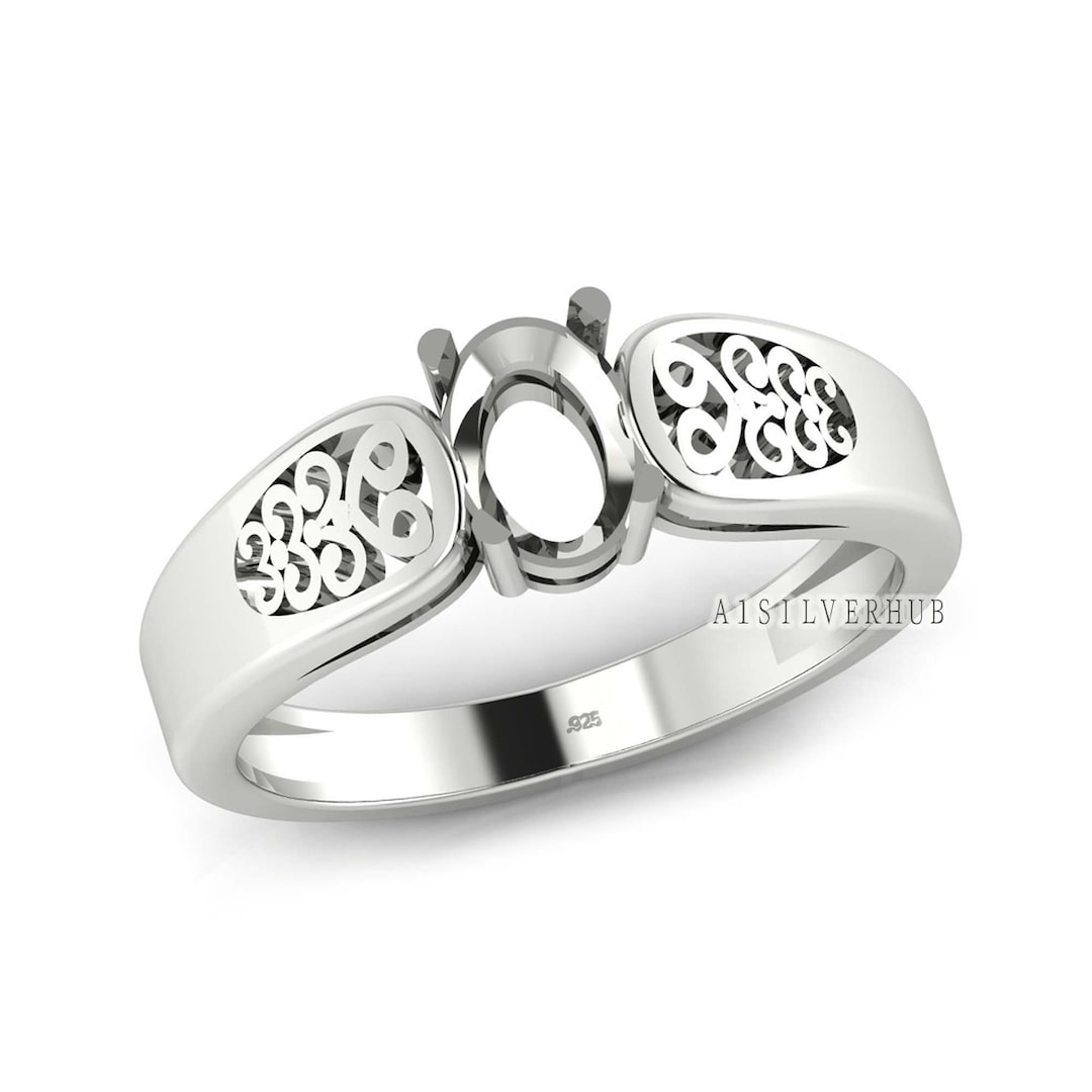 925 Sterling Solid Silver Oval 7x5mm Filigree Pre Notched Blank Prong ...