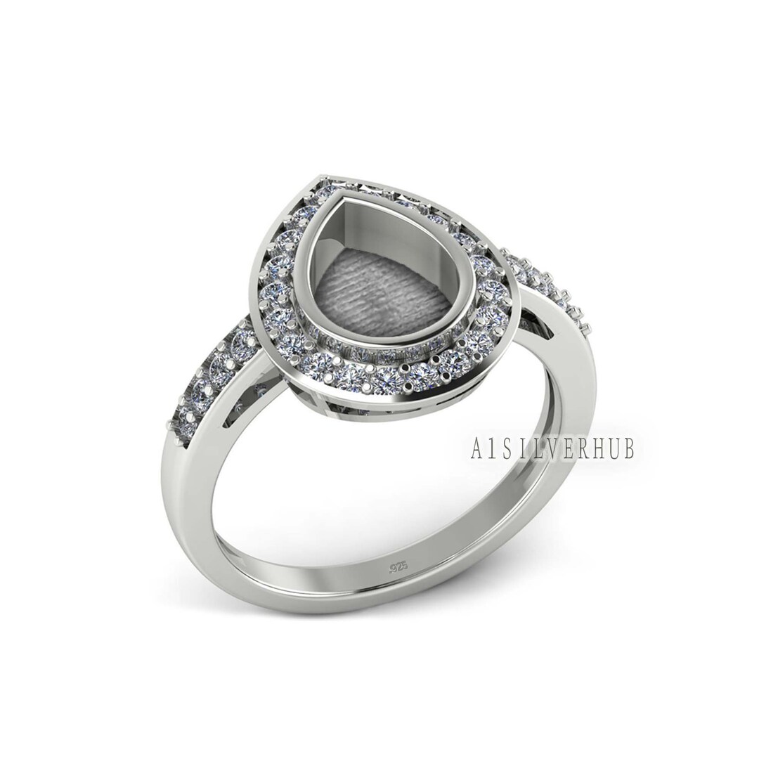 925 Sterling Solid Silver 7x9mm Pear Blank Bezel With CZ Setted Ring ...