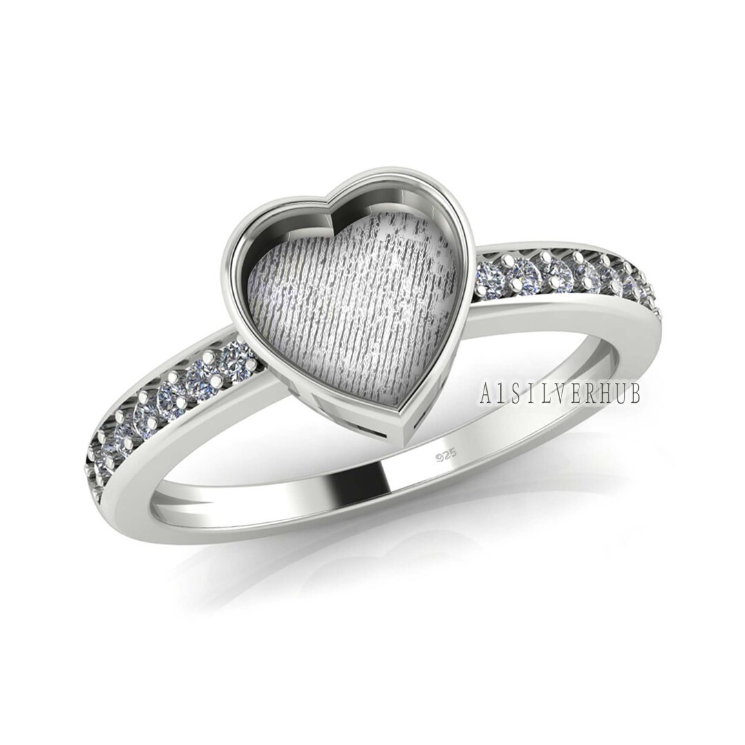 925 Sterling Solid Silver 8mm Heart Blank Bezel With CZ Setted on Band ...
