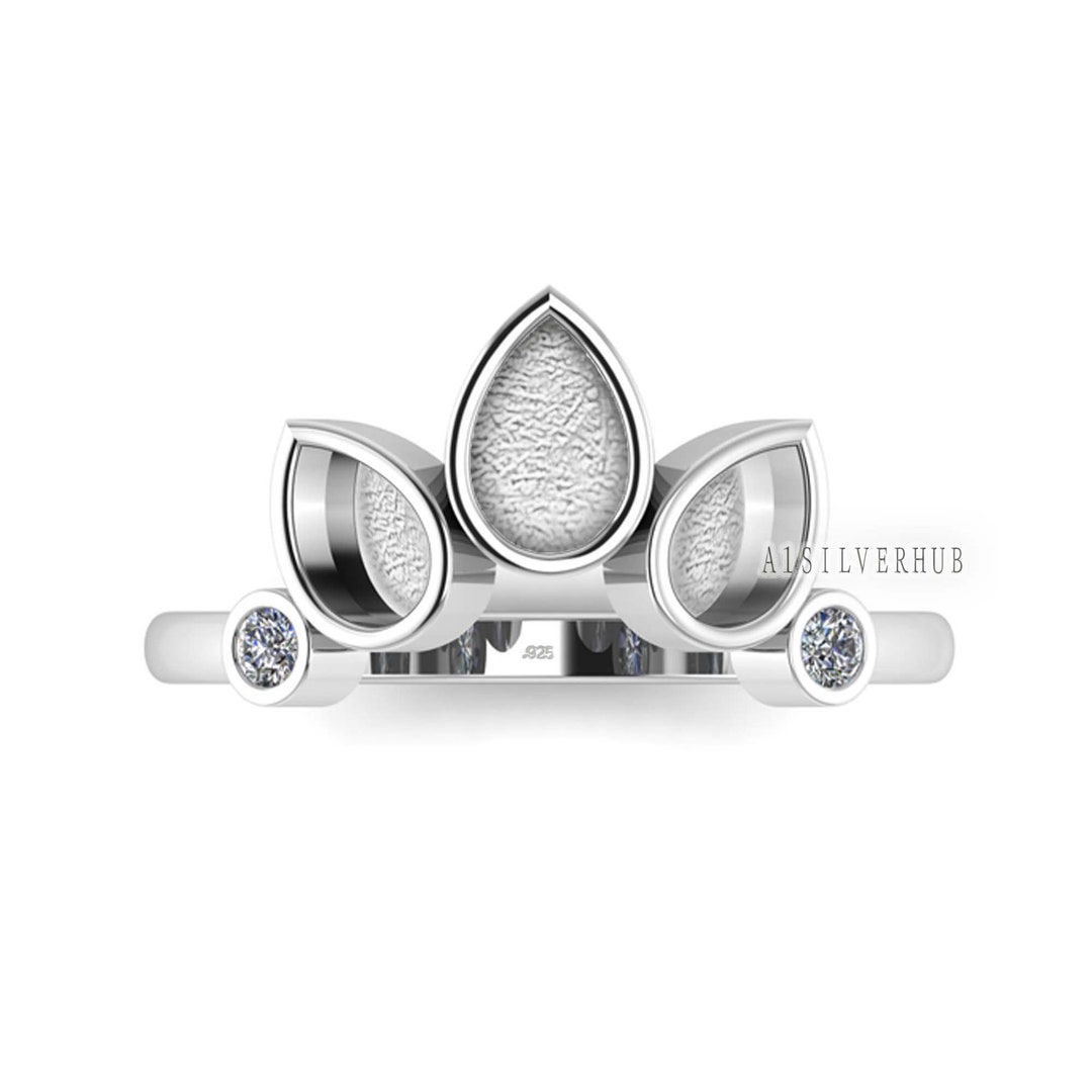 925 Sterling Solid Silver Pear Blank Bezel With Round CZ Setted Ring ...