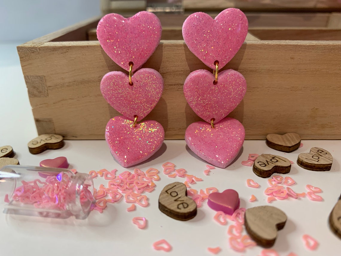 Pink Glitter String Heart Dangle Earrings - Etsy