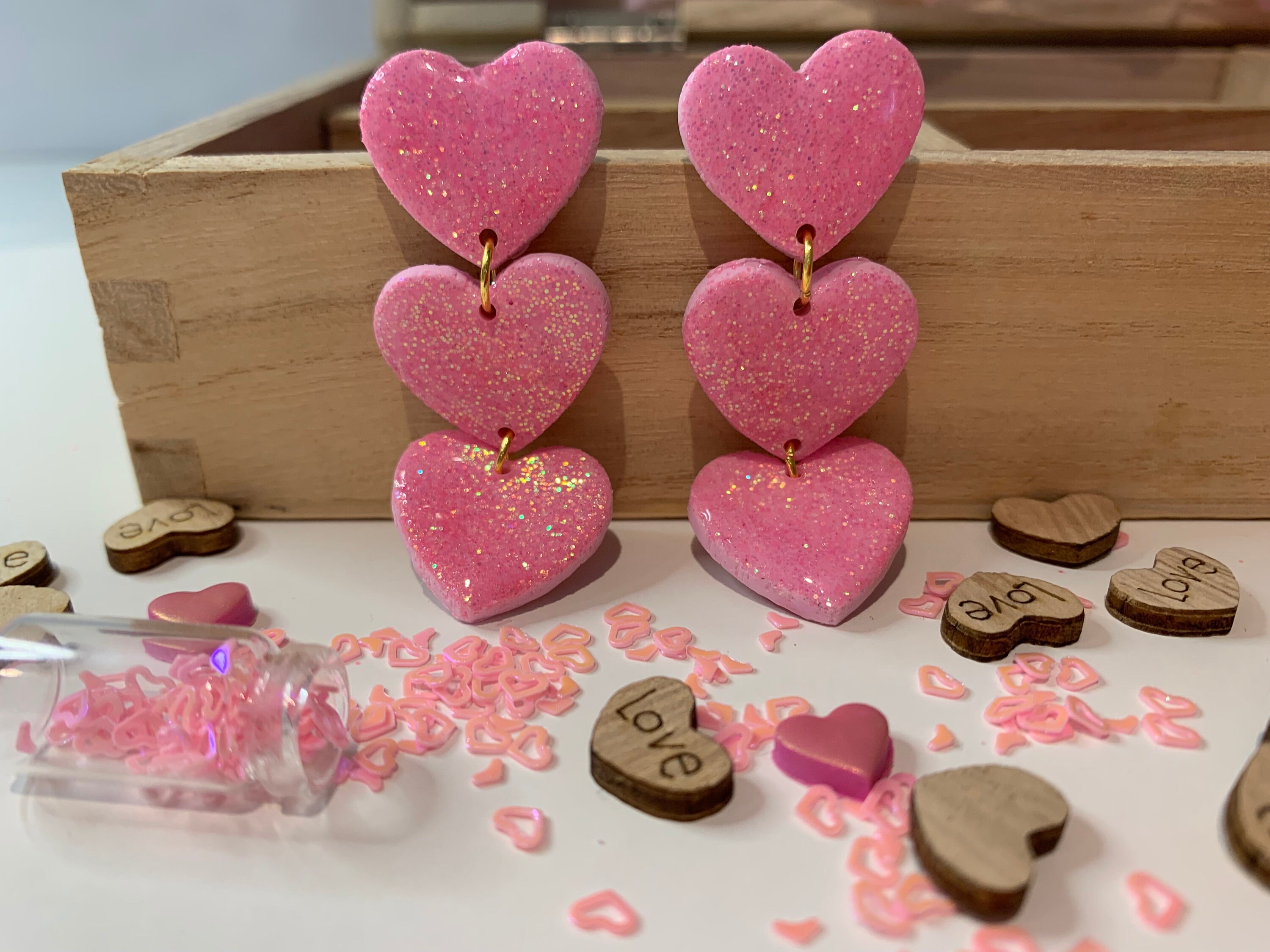 Pink Glitter String Heart Dangle Earrings - Etsy