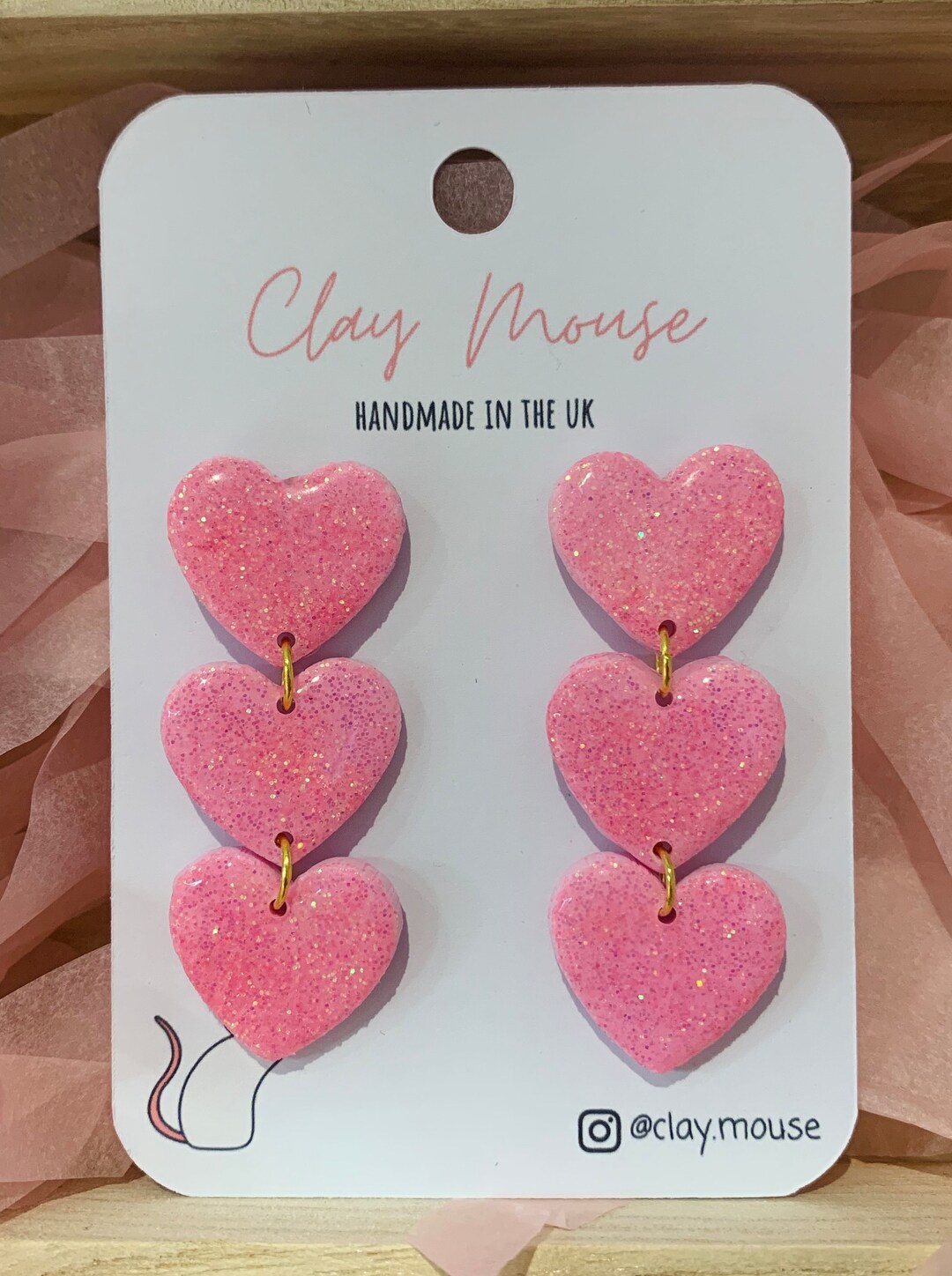 Pink Glitter String Heart Dangle Earrings - Etsy