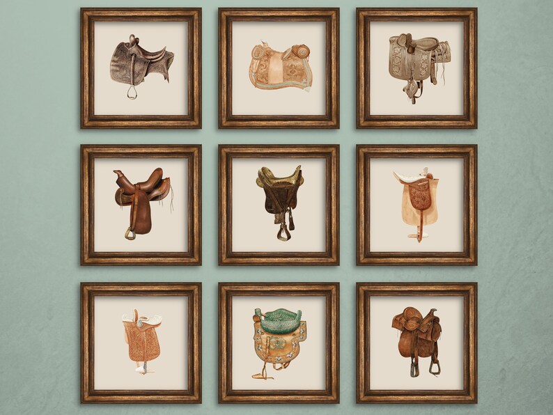 Vintage Equestrian Art Gallery Wall of 9 Cowboy Decor Horse Lover Gift ...