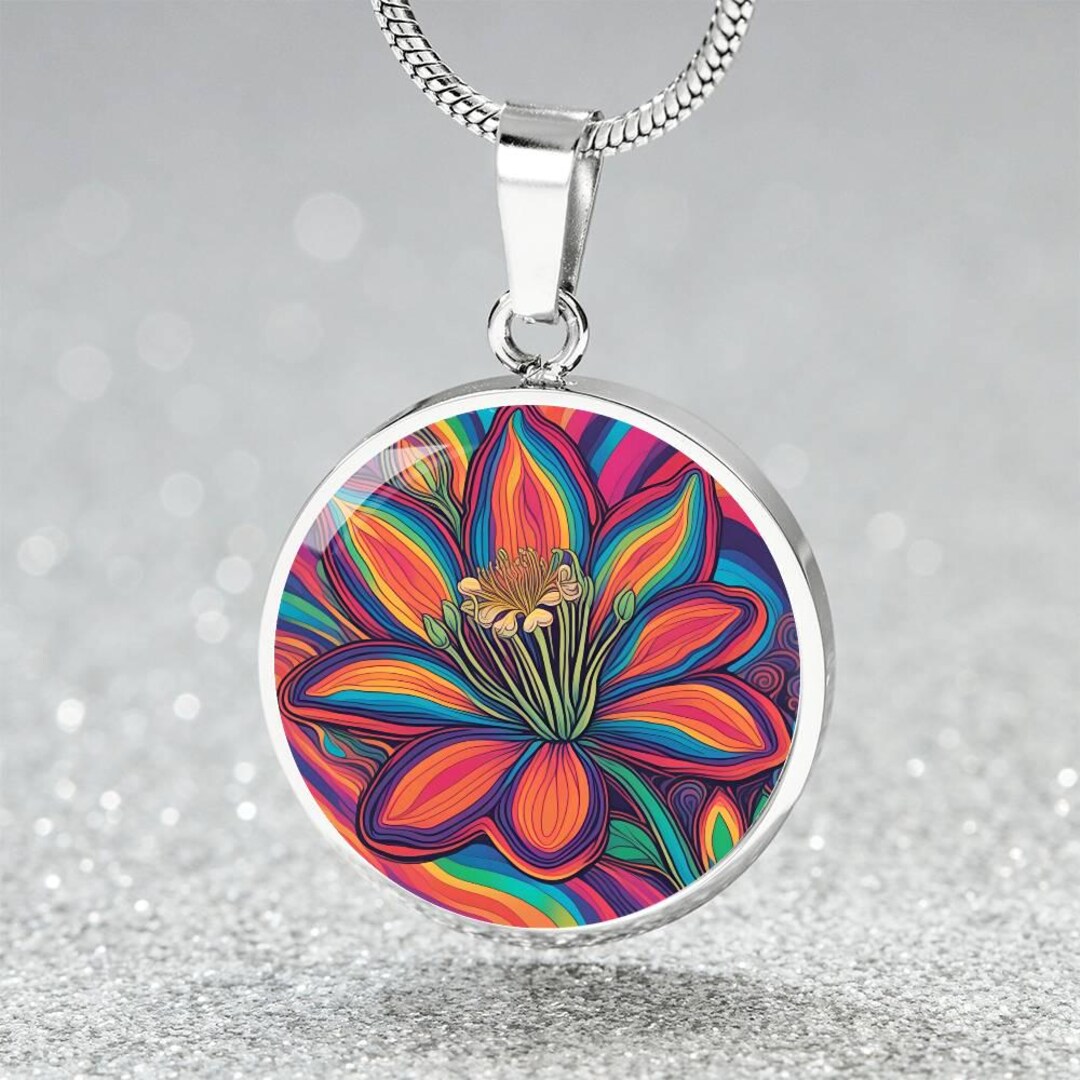 June Birth Flower Honeysuckle Trippy 70s 80s Art Pendant Necklace, Boho ...