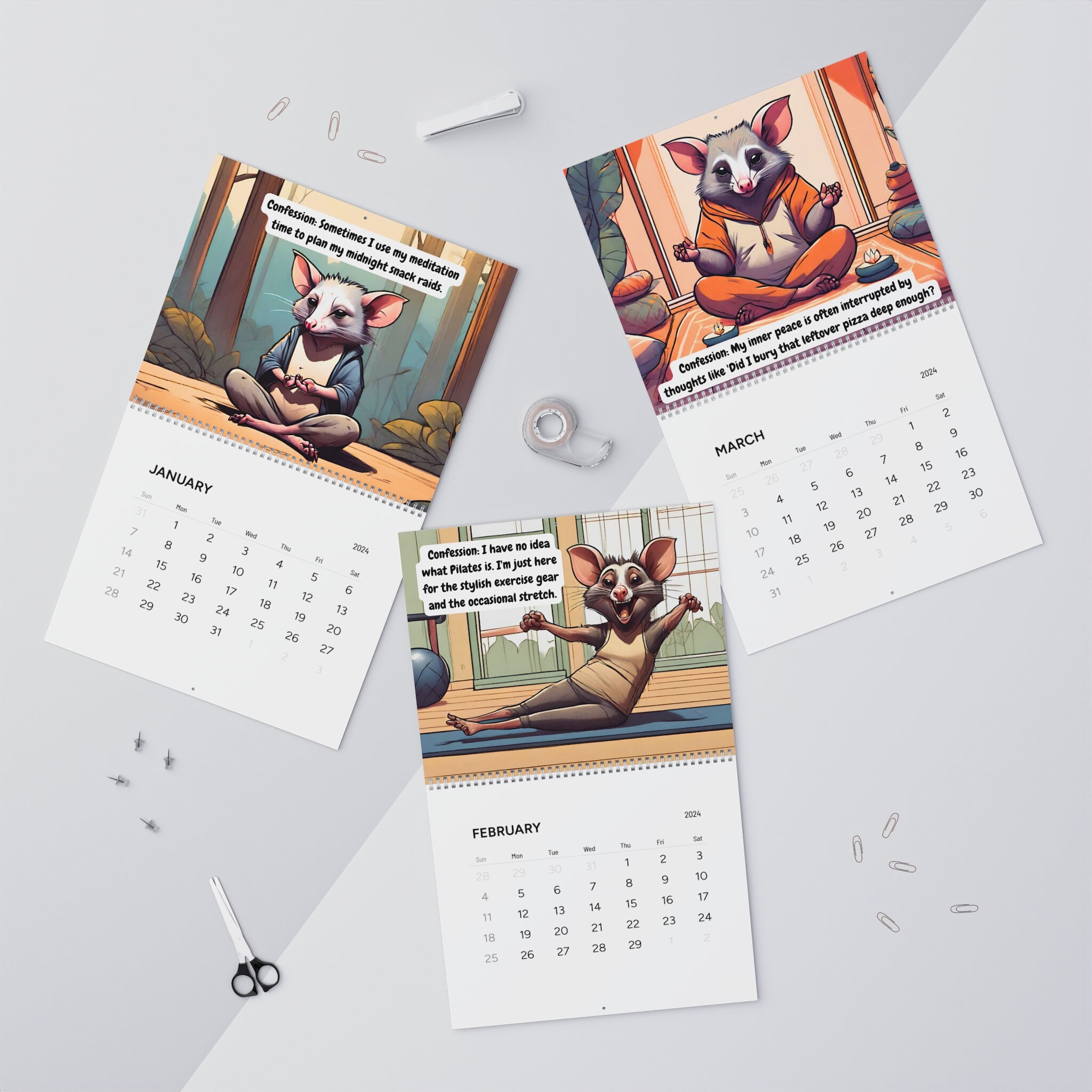 2024 Calendar, Home Office Wall Decor Stationery,possum Lover Gift ...