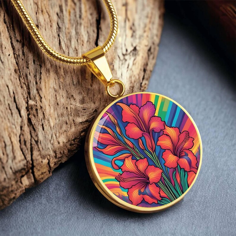 August Birth Flower Gladiolus Trippy 70s 80s Art Pendant Necklace, Boho ...
