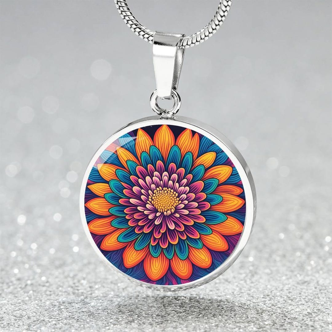 November Birth Flower Chrysanthemum Trippy 70s 80s Art Pendant Necklace ...