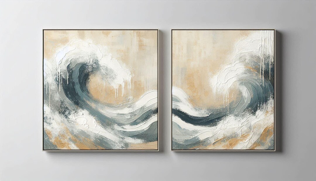 Ocean Waves Textured Abstract Painting 3D Textured Wall Art Set of 2 ...