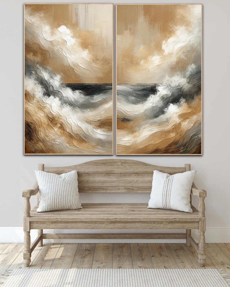 Beige Textured Abstract Painting Set of 2 Ocean Waves Painting 2 Pieces ...
