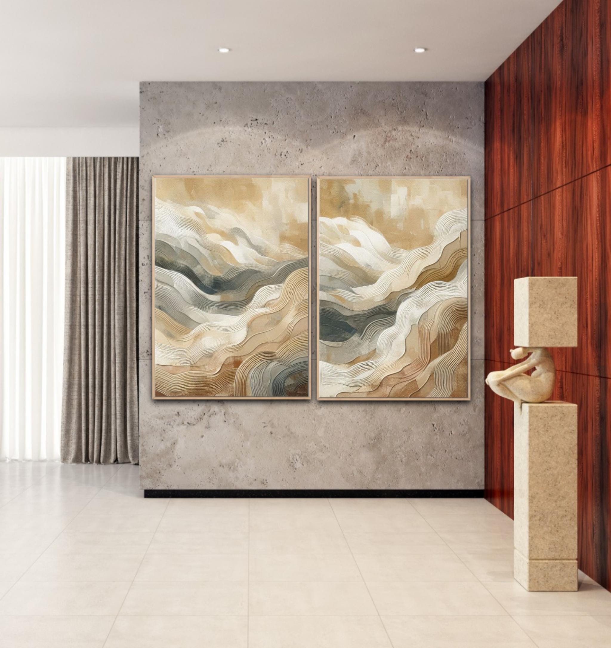 Beige Textured Abstract Painting Set of 2 Ocean Waves Painting 2 Pieces ...